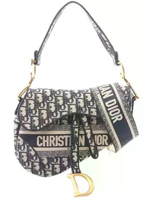 Dior 2010-2026 Oblique Embroidered Canvas Saddle Bag Shoulder Bag - Blue
