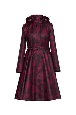 RAINSISTERS Winter Coat With Full Circle Skirt In Floral Burgundy: Winter Peony Velvet - Red