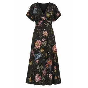 YUMI Viscose Bird And Floral Print Kimono Midi Dress - Black