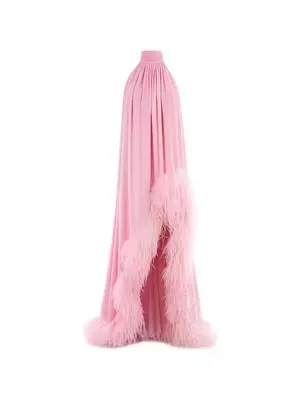 BRONX AND BRONCO Madeline Feather-trim Halterneck Maxi Gown - Pink