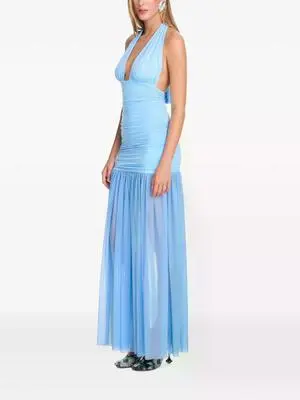 AXEL 113 Stasi Ruched Halterneck Sheer-skirt Flared Maxi Dress - Blue