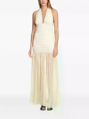 AXEL 113 Stasi Ruched-body Sheer-skirt Fitted Maxi Dress - Neutrals