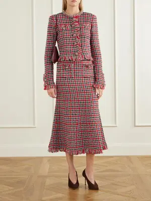 SELF-PORTRAIT Frayed Wool And Cotton-blend Tweed Midi Skirt