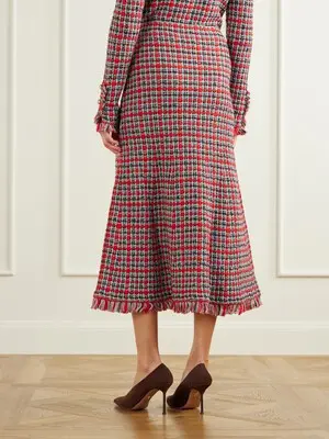 SELF-PORTRAIT Frayed Wool And Cotton-blend Tweed Midi Skirt