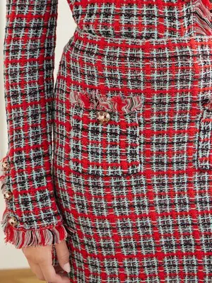 SELF-PORTRAIT Frayed Wool And Cotton-blend Tweed Midi Skirt