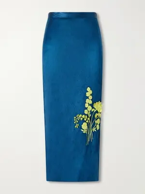 Erdem Floral-embroidered Metallic Satin Midi Skirt - Blue