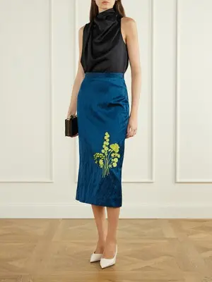 Erdem Floral-embroidered Metallic Satin Midi Skirt