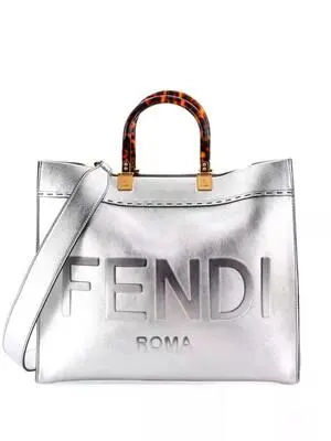 Fendi Sunshine Shopper Leather Medium Tote Bag - Silver