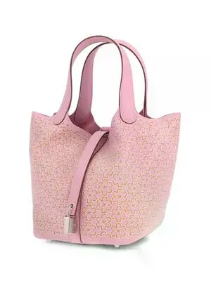 Hermès Leather Floral Print Picotin Lucky Daisy Bucket Bag - Pink