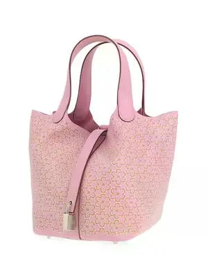Hermès Leather Floral Print Picotin Lucky Daisy Bucket Bag - Pink