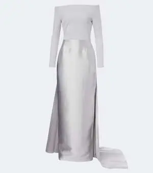 Solace London Winslow Off-shoulder Satin And Crepe Gown - Silver