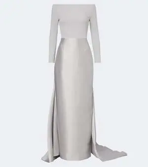 Solace London Winslow Off-shoulder Satin And Crepe Gown - Silver