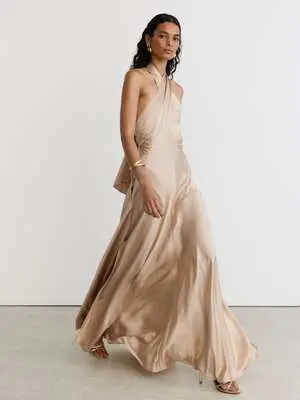 REISS Satin Halterneck Empire-line Maxi Dress - Beige