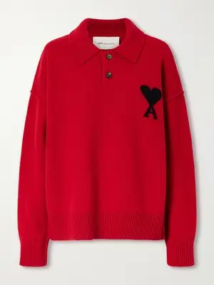 AMI Paris Virgin Wool-intarsia Polo Sweater - Red