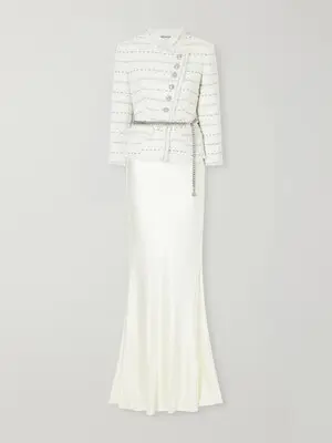 SELF-PORTRAIT Belted Satin And Bouclé Maxi Dress - White