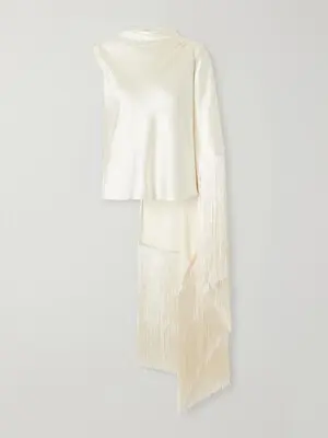 SELF-PORTRAIT Asymmetric Fringed Satin Cami - Neutrals