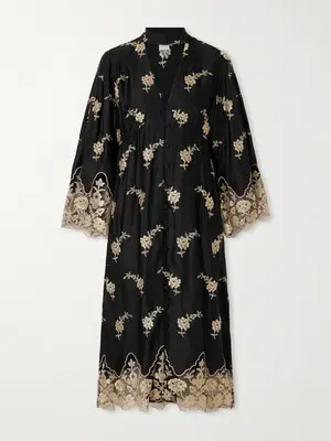 Loretta Caponi Sinalunga Floral-embroidered Lace-trimmed Satin Midi Dress - Black