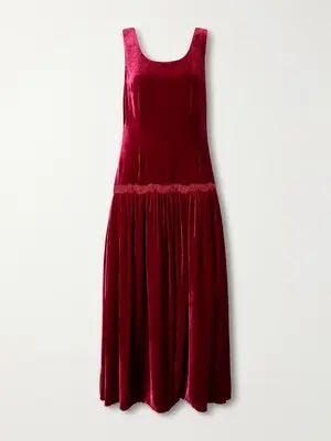 Loretta Caponi Estela Open-back Lace-trimmed Velvet Maxi Dress - Red