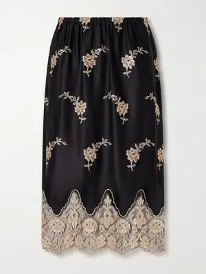 Loretta Caponi Lucinda Floral-embroidered Lace-trimmed Satin Midi Skirt - Black