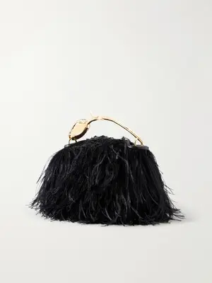 Erdem Bloom Feather-trimmed Leather Clutch Bag