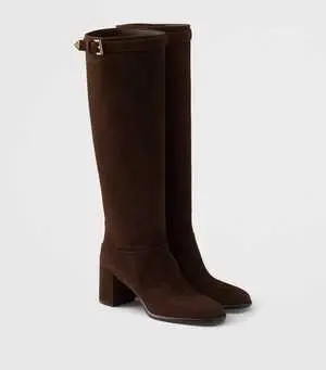 Prada Suede Knee-high Heeled Boots 65 - Brown