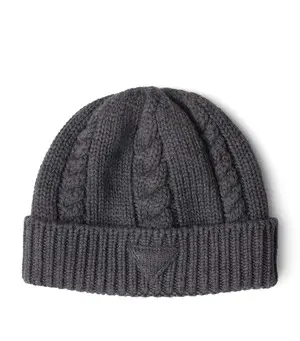 Prada Virgin Wool Triangle Beanie - Grey
