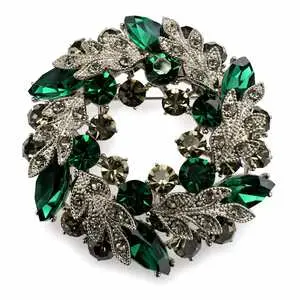 ANGEL BAROCCO Vintage Crystal Leaf Wreath Brooch – Two Colours - Green