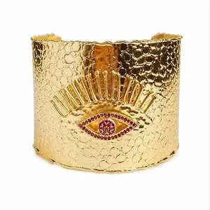 BY OZGE Red / Gold Divine Gaze Ruby Red Stone Evil Eye Gold Plated Statet Cuff Bracelet Red