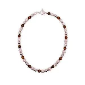 URBANE JEWELRY STUDIO Silver / White / Brown Grounded Grace Tiger's Eye, Hematite & Pearl Necklace - Silver/white/brown