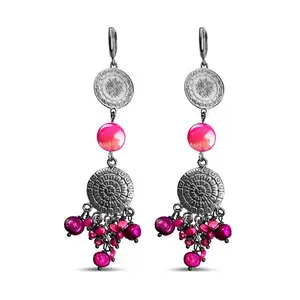 BELLUS DOMINA Pink / Silver Pink Chandelier Oriental Style Earrings - Pink/silver