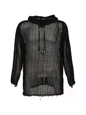THUG CLUB Mesh-knit Distressed Hoodie - Black