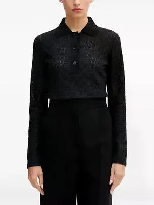 Sisley Crochet-knit Long-sleeve Polo Shirt - Black