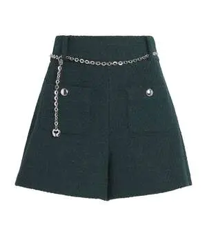 Maje Tweed Chain Belt Shorts - Green