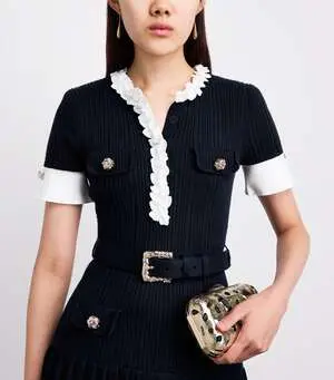 SELF-PORTRAIT Ribbed Ruffle-detail Midi Dress