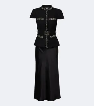 SELF-PORTRAIT Belted Embellished Boucle And Satin Midi Dress