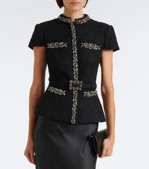 SELF-PORTRAIT Belted Embellished Boucle And Satin Midi Dress