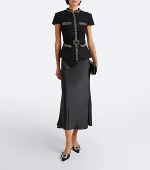 SELF-PORTRAIT Belted Embellished Boucle And Satin Midi Dress