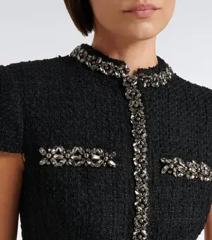 SELF-PORTRAIT Belted Embellished Boucle And Satin Midi Dress