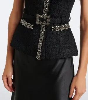 SELF-PORTRAIT Belted Embellished Boucle And Satin Midi Dress