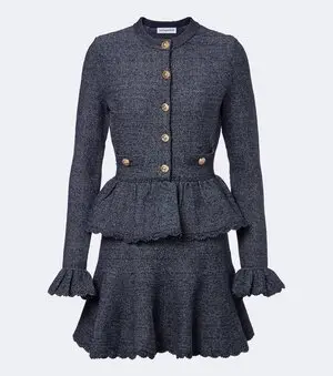 SELF-PORTRAIT Knitted Peplum Cotton And Wool-blend Minidress - Blue