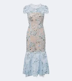 SELF-PORTRAIT Floral Sequined Tulle Midi Dress - Blue