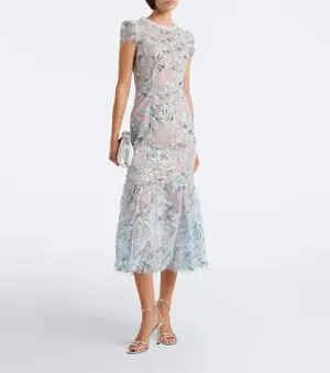 SELF-PORTRAIT Floral Sequined Tulle Midi Dress