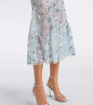SELF-PORTRAIT Floral Sequined Tulle Midi Dress