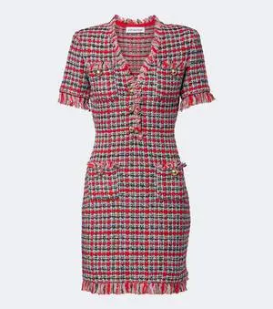 SELF-PORTRAIT Checked Frayed Cotton And Wool-blend Minidress - Red