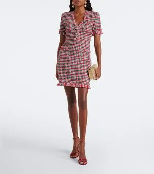 SELF-PORTRAIT Checked Frayed Cotton And Wool-blend Minidress