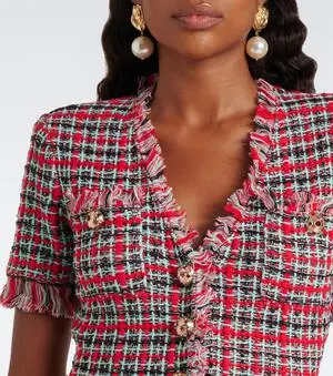 SELF-PORTRAIT Checked Frayed Cotton And Wool-blend Minidress