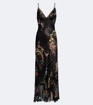 Camilla Floral Silk Satin Slip Dress - Black