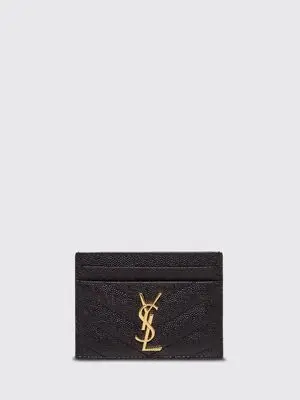 Saint Laurent Cassandre Flat Card Holder In Grain De Poudre Leather With - Black