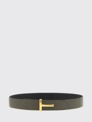 TOM FORD T Icon Reversible Hammered Leather Belt With Monogram Buckle - Kaki