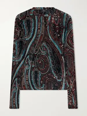 Etro Printed Velvet-trimmed Mesh Blouse
